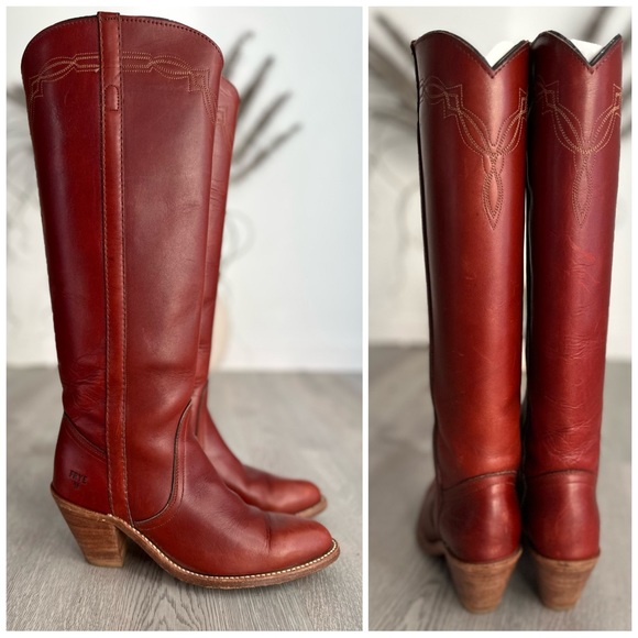 Frye | Shoes | Frye Tall Vintage Embroidered Boots Red Brown | Poshmark